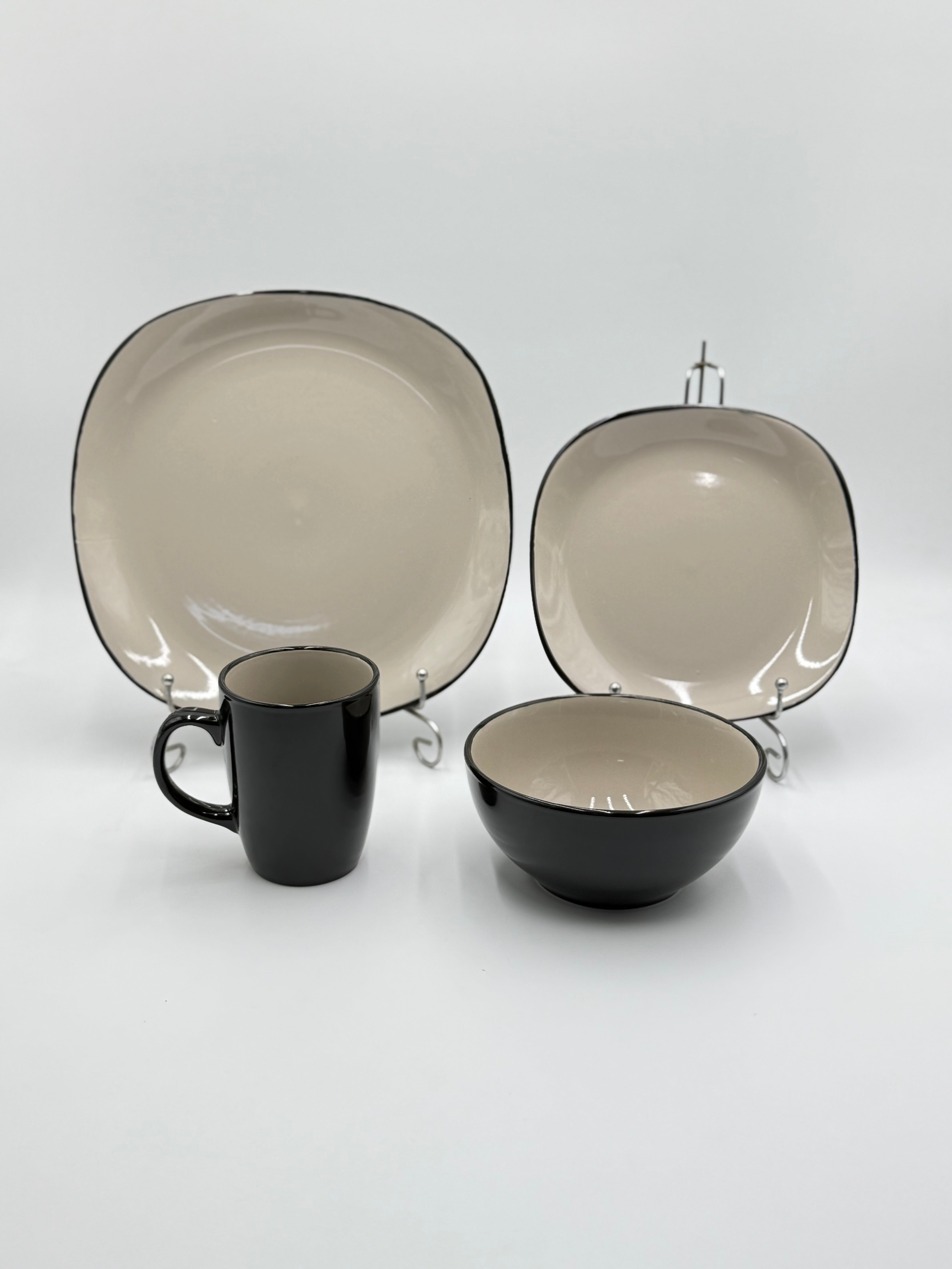 16 Pcs Cream & Black Glazed Stoneware Breakfast Set 🍽️ – Ace Crockery